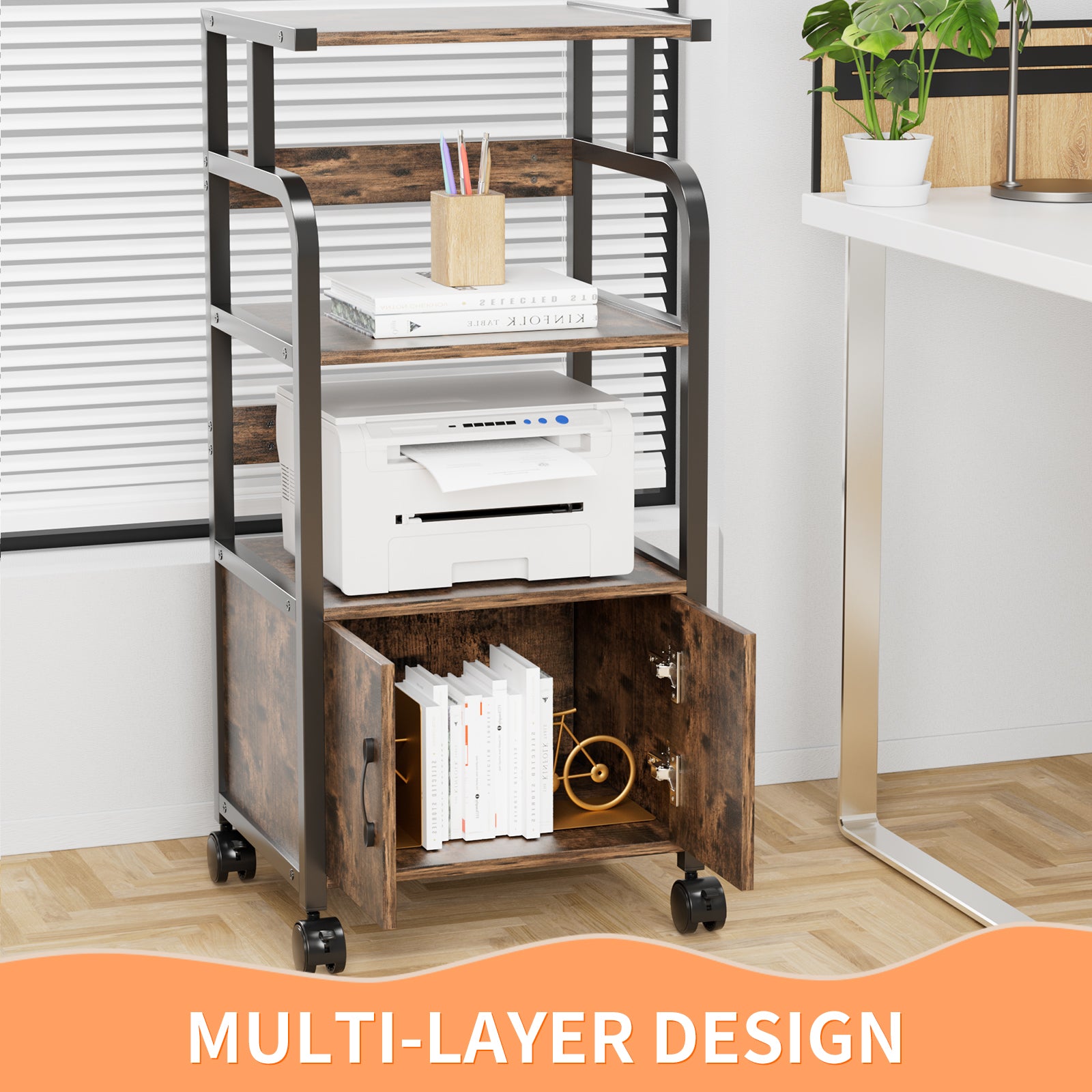 LAZY BUDDY 4-Tier Printer Stand with Lockable Casters and Wooden Cabin ...